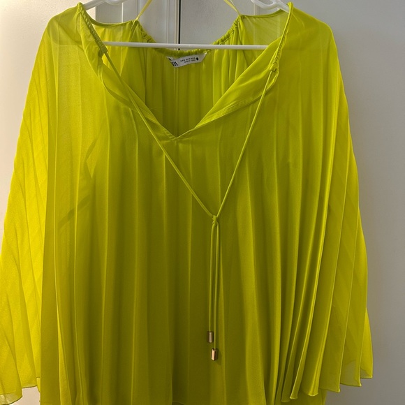 Zara | Tops | Zara Neon Yellow Pleated Top | Poshmark